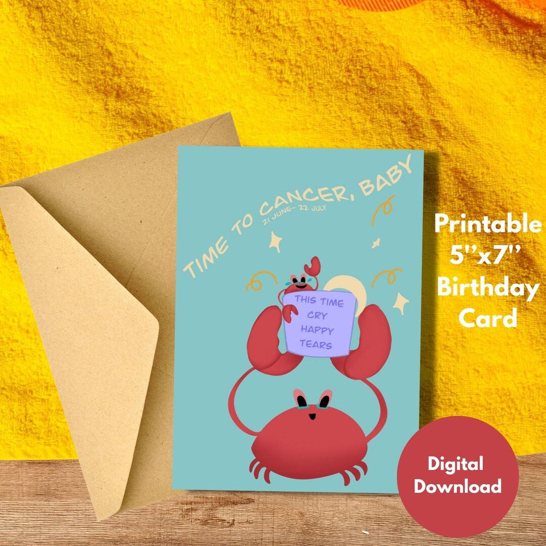 Cancer Zodiac Birthday Card, Cute Crab Illustration (digital Download ...