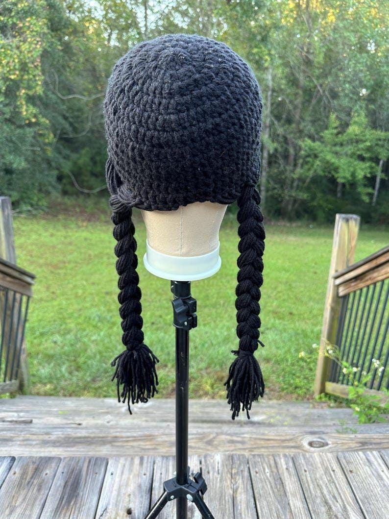 Wednesday Addams Crochet Hat With Braided Pigtails | Handmade Black Wig ...