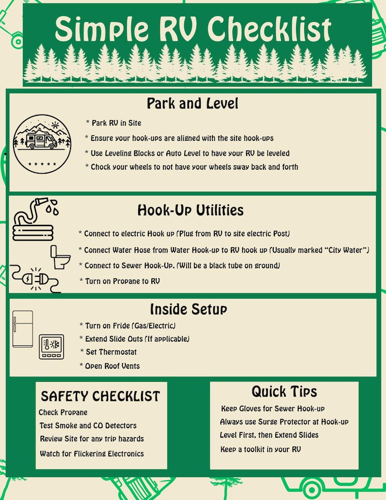 RV Setup Checklist: Simple 1-page Camper Guide EASY Guide (PDF ...