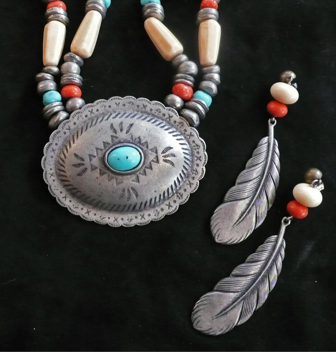 Ben Amun Feather Conch Motif Navajo Necklace and Earring Set 80s ...