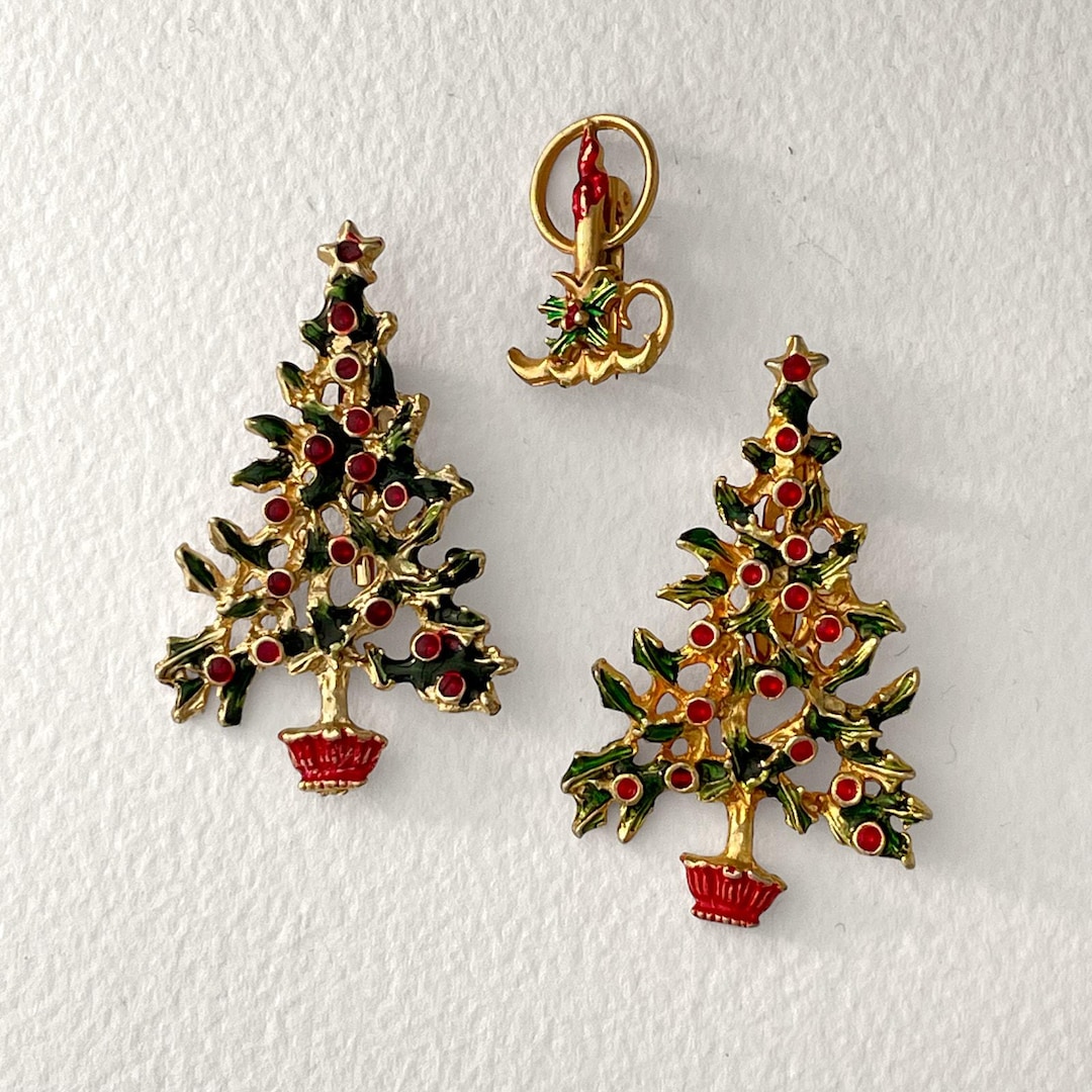Vintage Christmas Pins Set of 3 Christmas Tree Brooch Candle Stick 60s ...