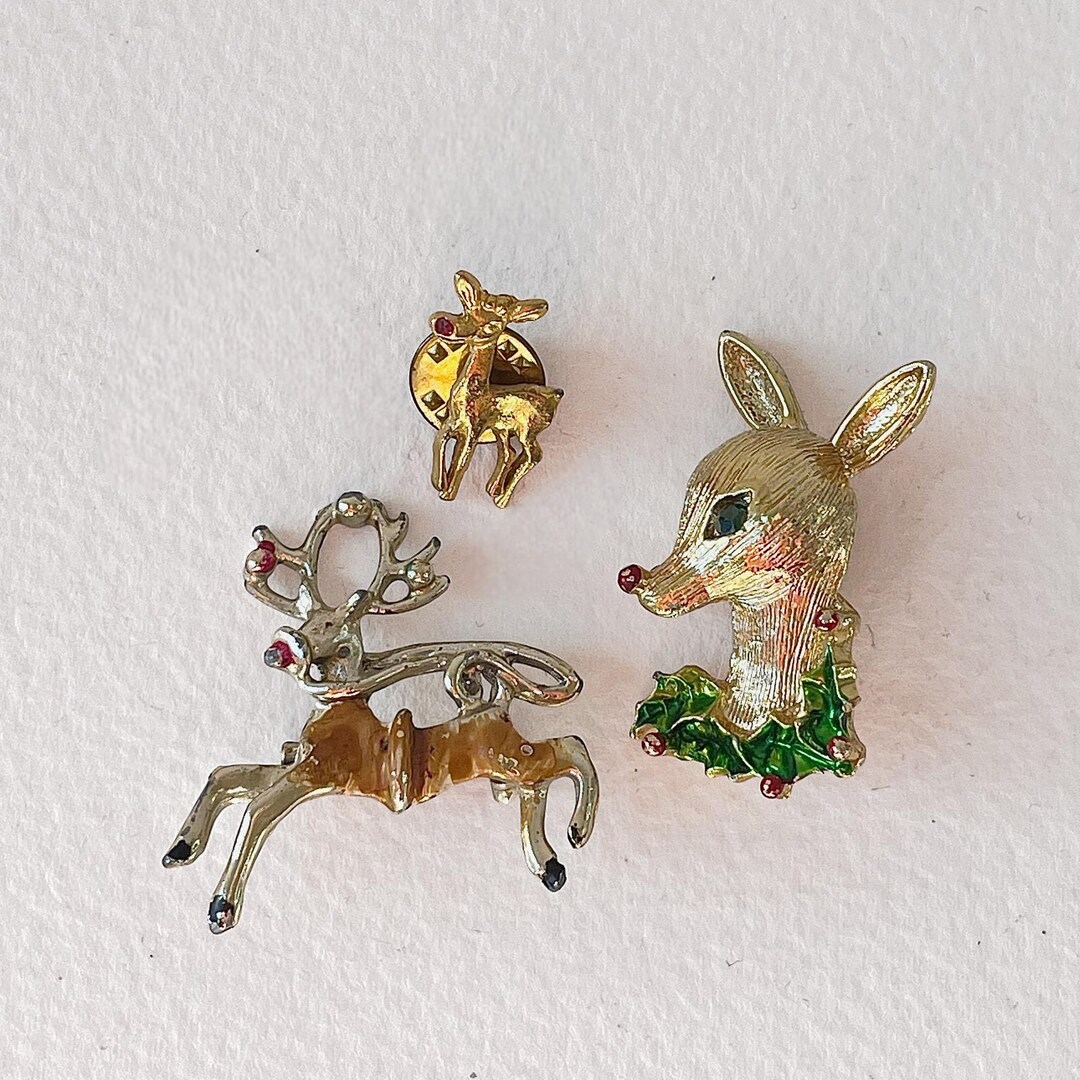 Vintage Christmas Reindeer Pins Lot Rhinestone Enamel Brooch Signed ...