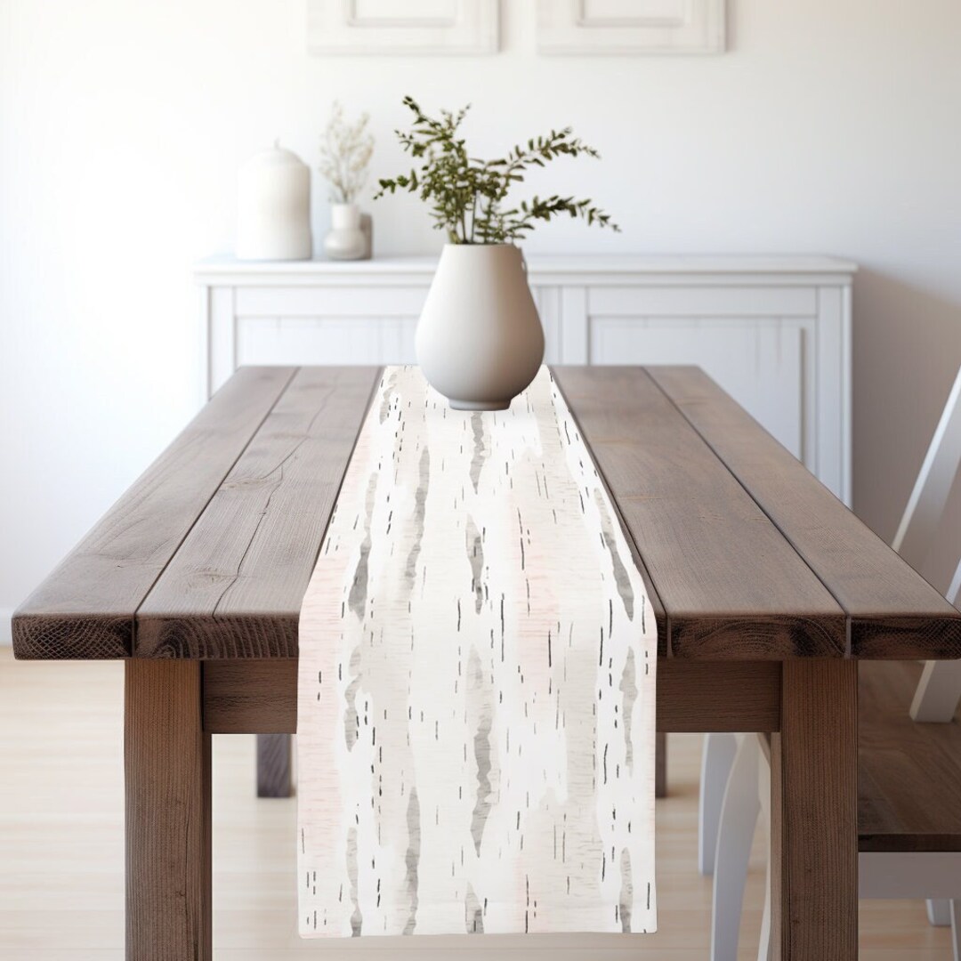 Watercolor White Birch Bark Pattern Table Runner Grey and Pink ...