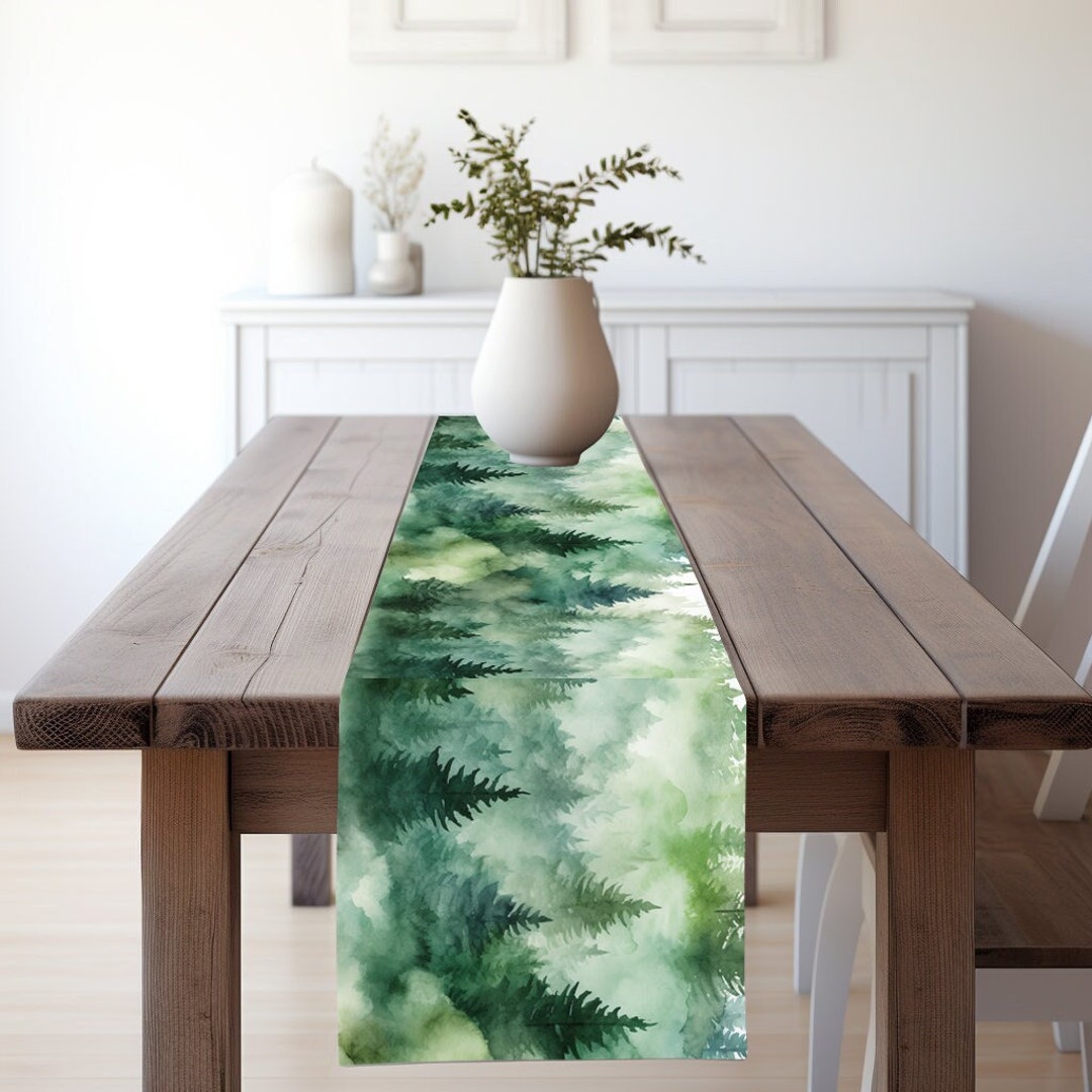 Misty Forest Table Runner - Watercolor Pine Trees, Woodland, Enchanted ...