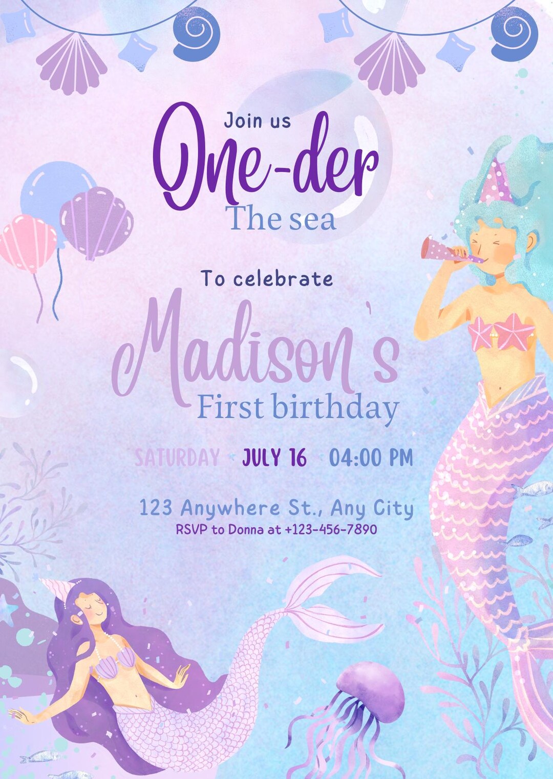 Under the Sea Mermaid First Birthday Invitation | Editable Digital ...