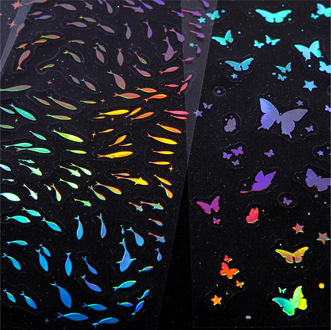 Tiny Holographic Pre-cut Clear Deco Stickers 2 Sheets Butterflies Fish ...
