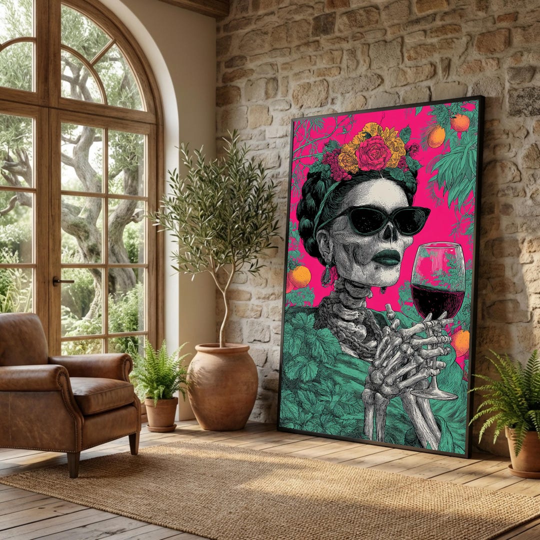 Bold Skeleton Woman With Wine Glass Canvas, Frida Kahlo Skull Art ...
