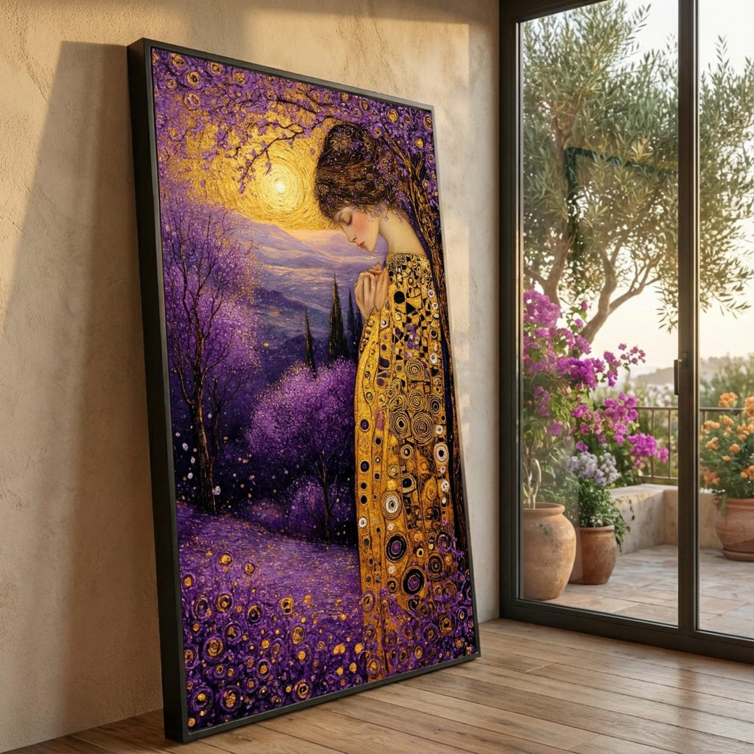 Gustav Klimt Woman in Gold Cloak Canvas, Purple Floral Landscape Wall ...