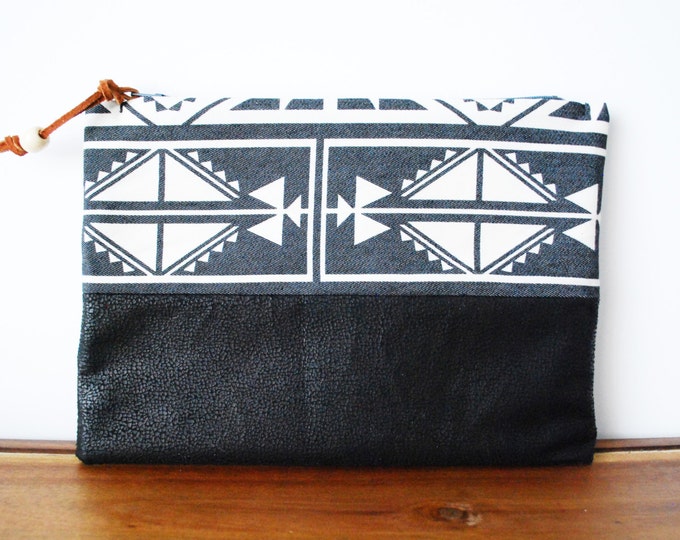 Charcoal and Ivory Aztec Print Denim and Black Vegan Leather Zipper ...