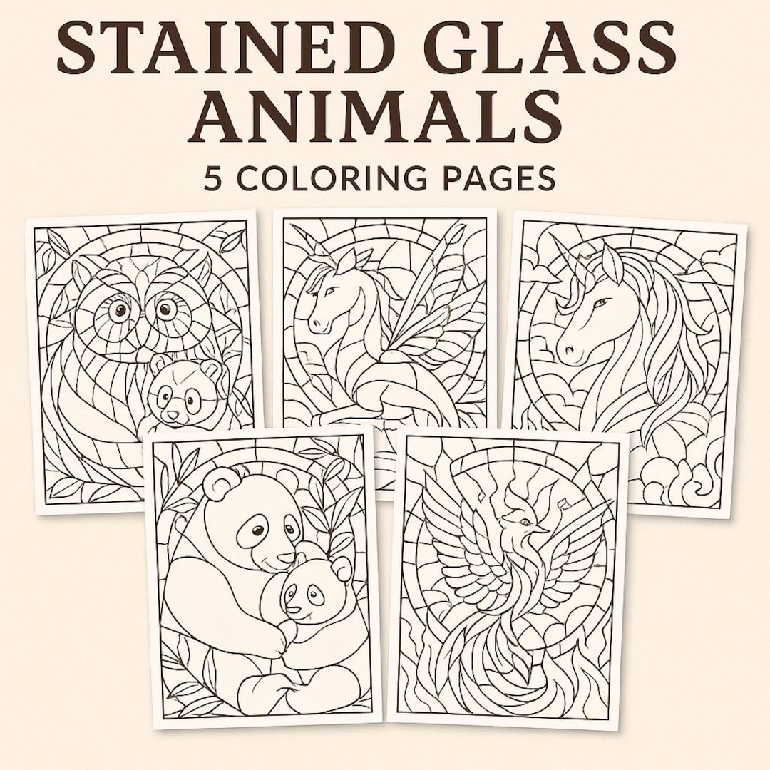 Stained Glass Animals Coloring Pages for Adults – Printable Digital ...