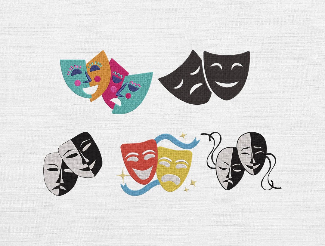 Comedy Tragedy Masks Embroidery Design: Happy Sad Theatre Pattern (9 ...