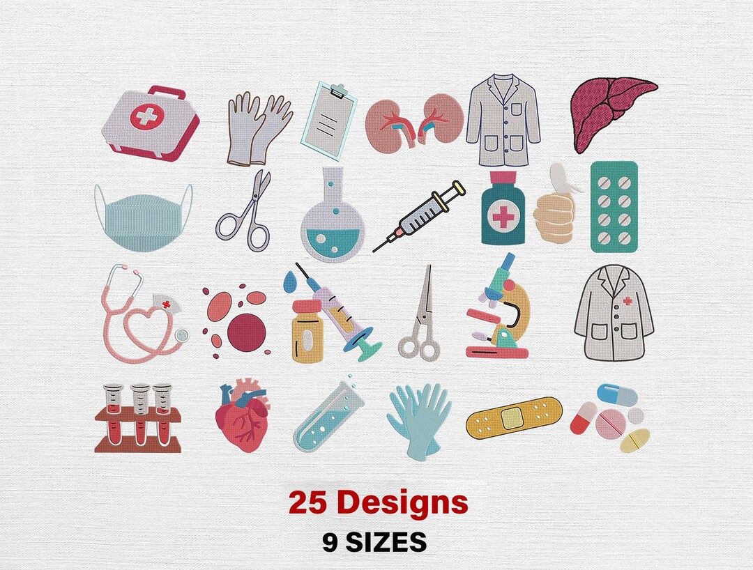 Medical Embroidery Design: Doctor, Stethoscope, First Aid (digital ...