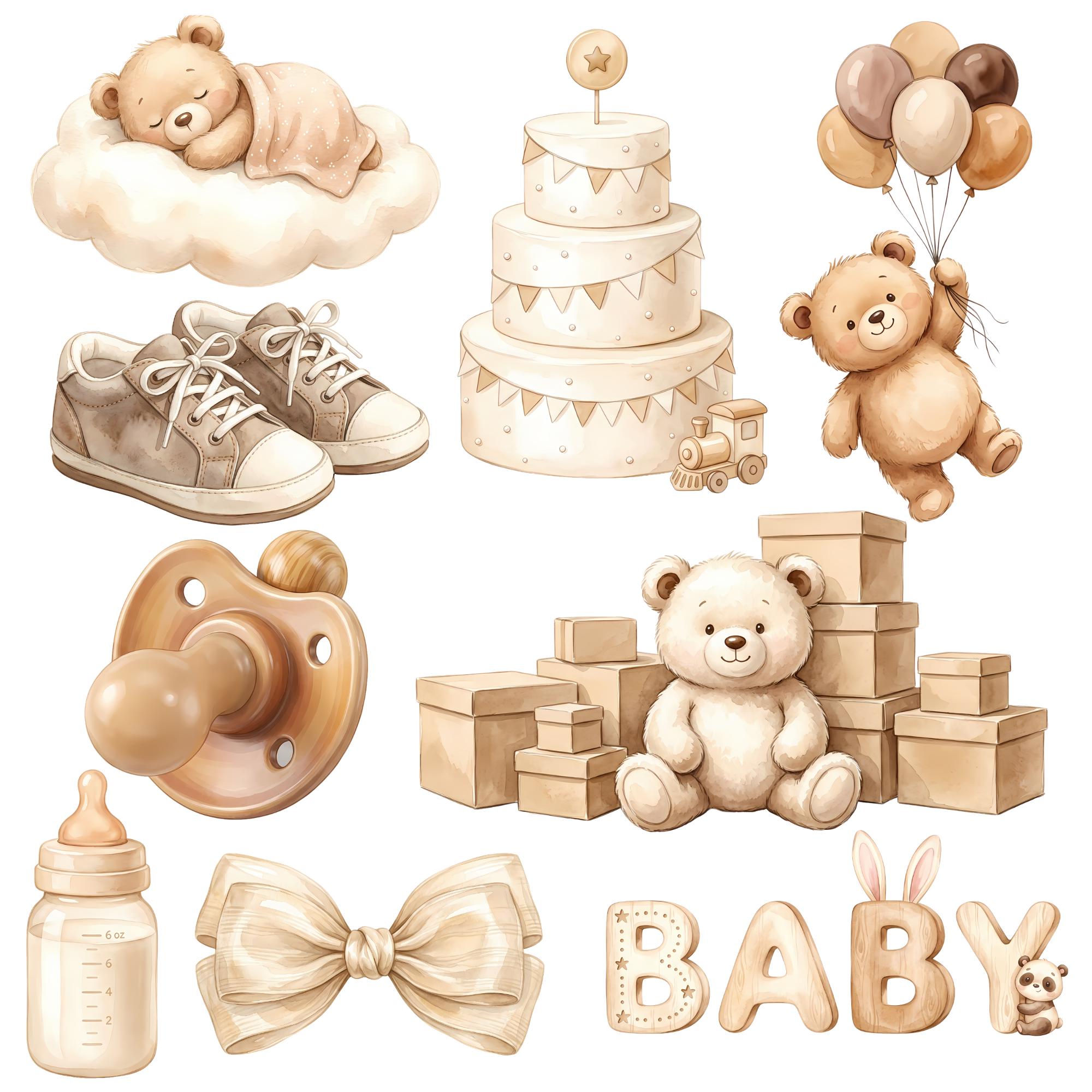 Neutral Baby Shower Clipart, Watercolor Teddy Bear, Beige Nursery Decor ...