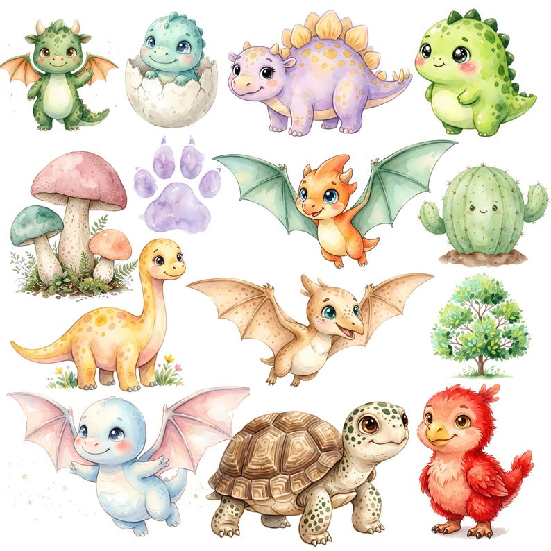 Watercolor Dinosaur Clipart, Watercolor Dinosaur World Clipart Bundle ...