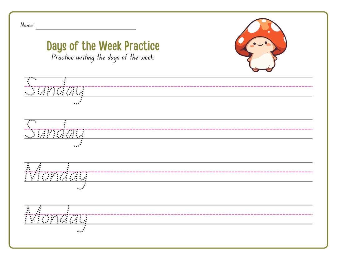 Handwriting Practice, Days of the Week. Digital Download - Etsy