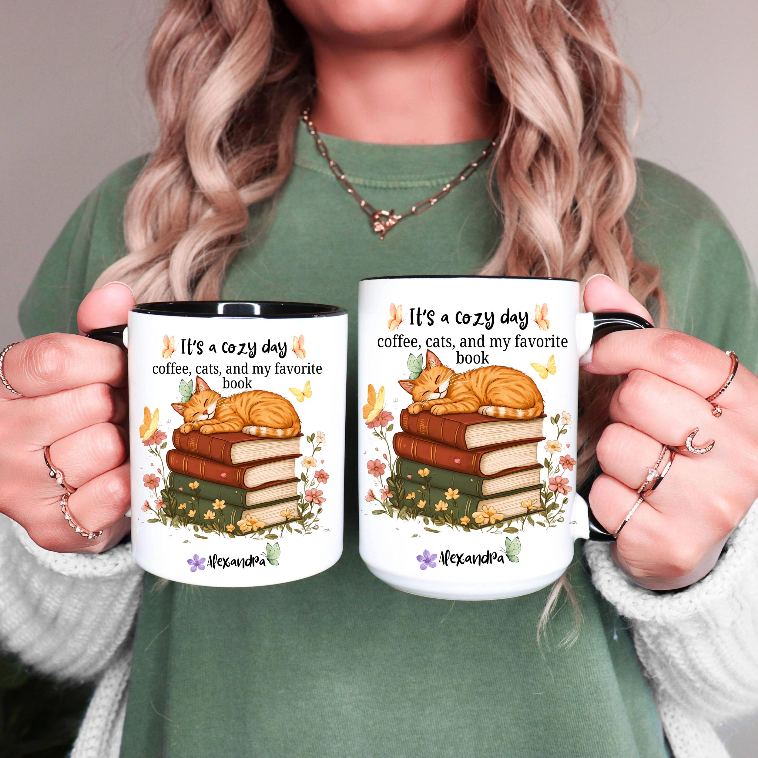 Personalized Cat and Books Coffee Mug With Name, Funny Book Lover Gift ...