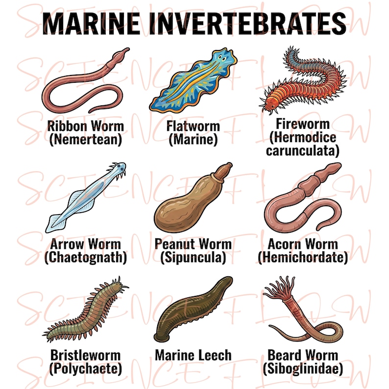 Marine Invertebrates PNG Set – Educational Ocean Creatures Illustration ...