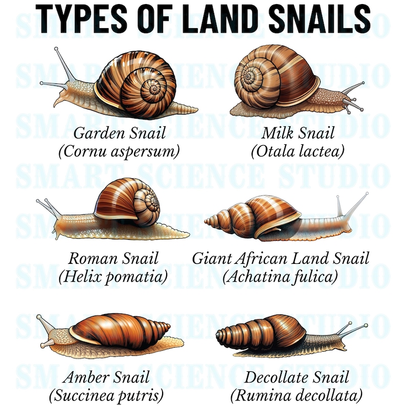 6 Types of Land Snails Educational PNG Design, Snail Species, Wildlife ...