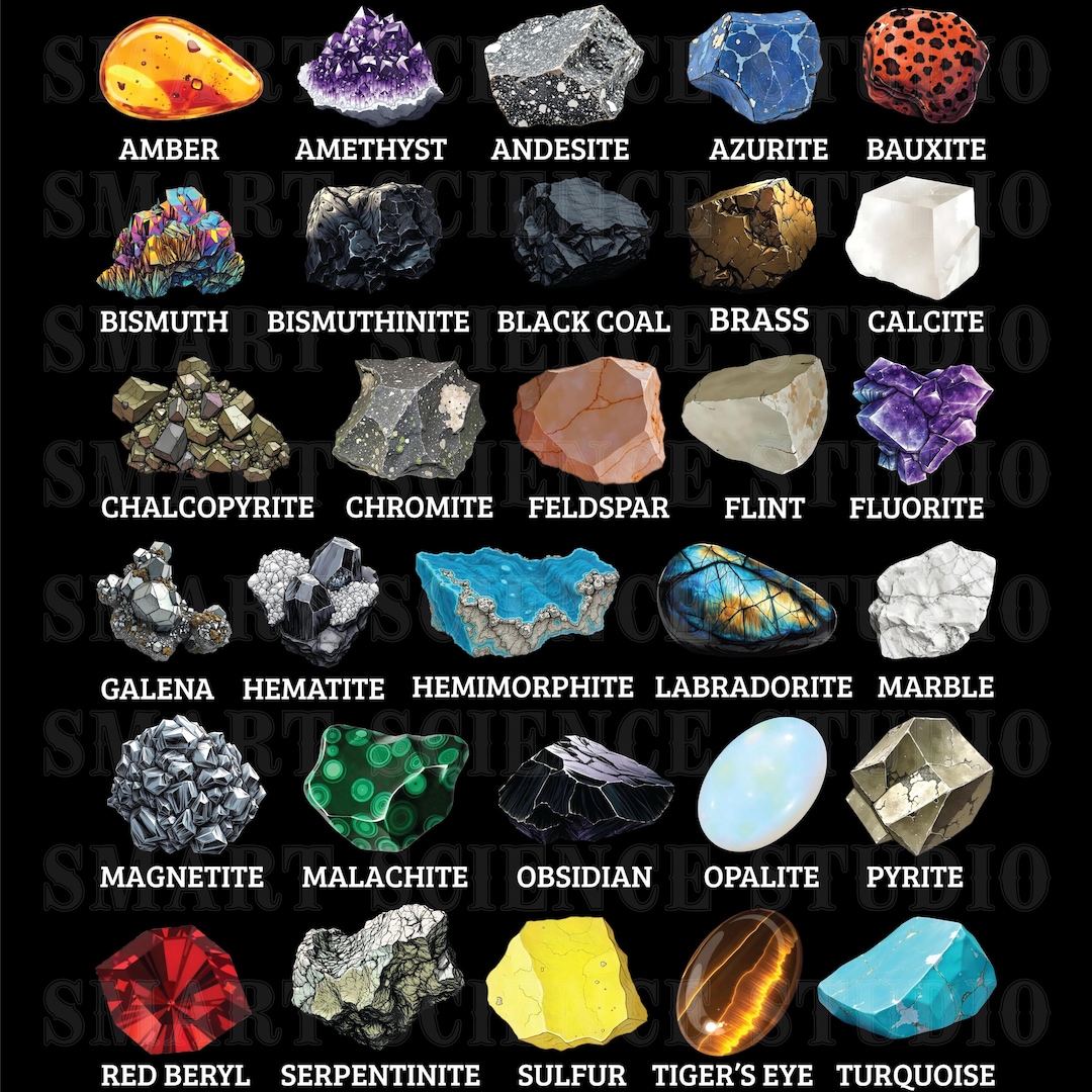 30 Types of Stones Educational PNG Design, Mineral Species, Gemstones ...