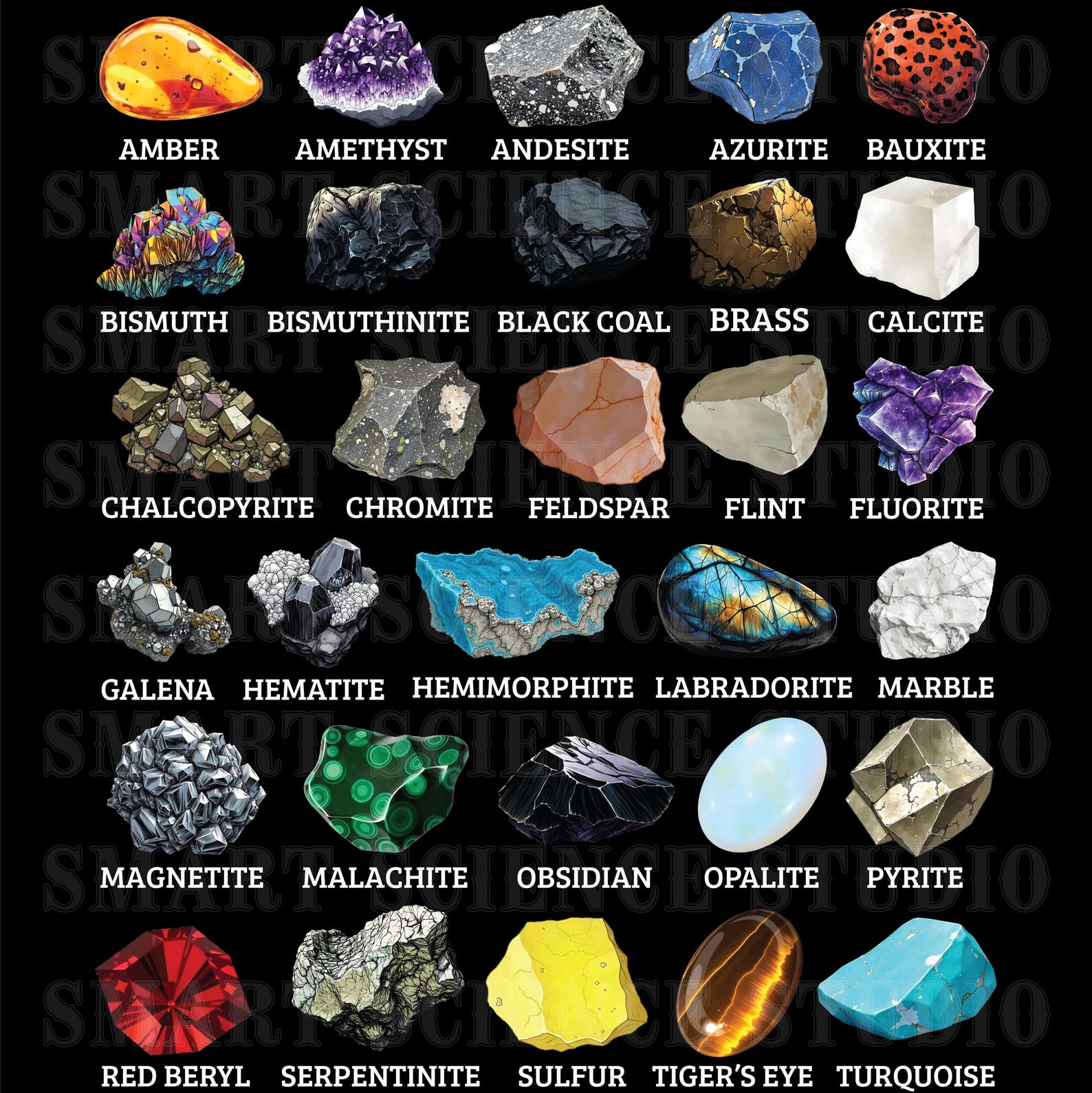 30 Types of Stones Educational PNG Design, Mineral Species, Gemstones ...