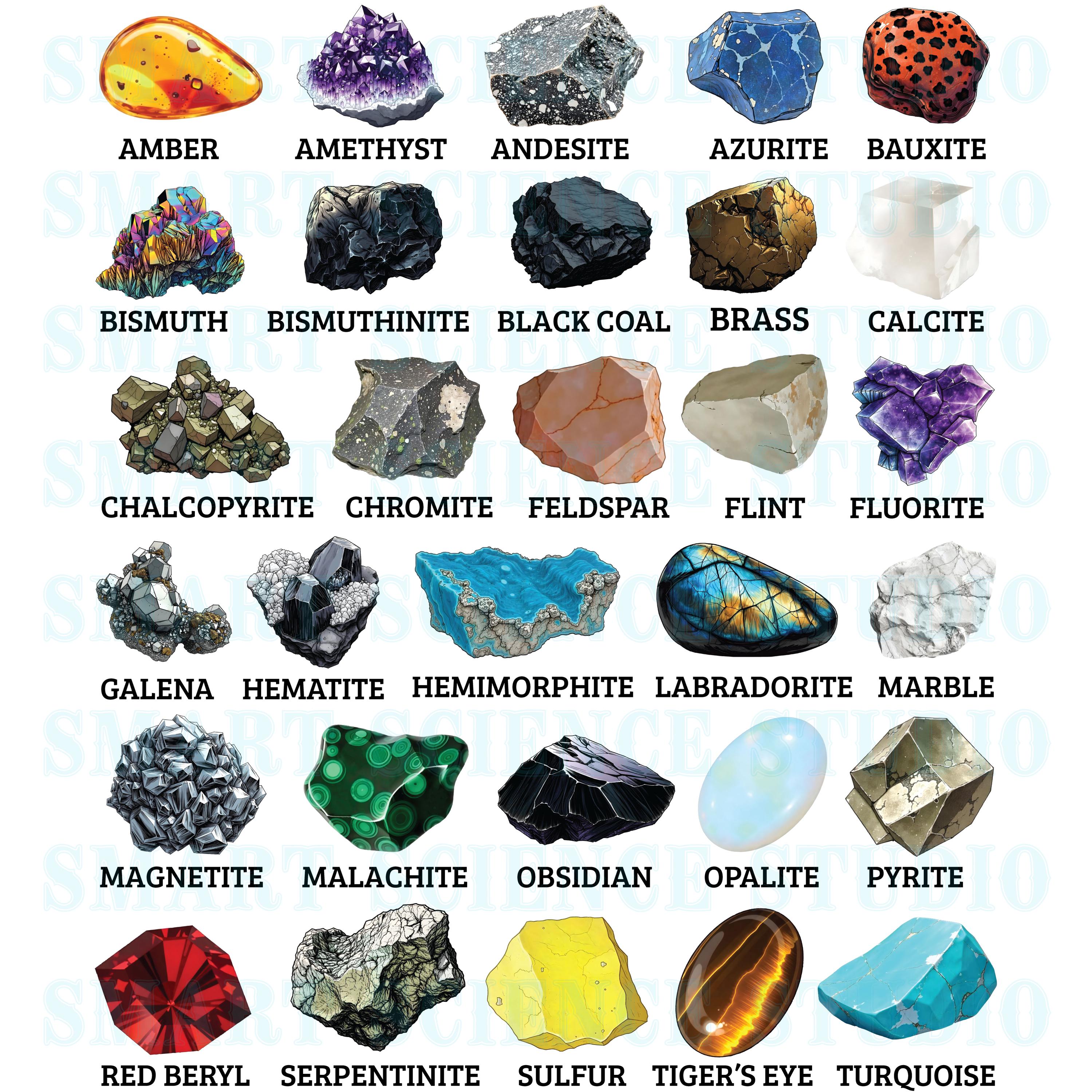 30 Types of Stones Educational PNG Design, Mineral Species, Gemstones ...