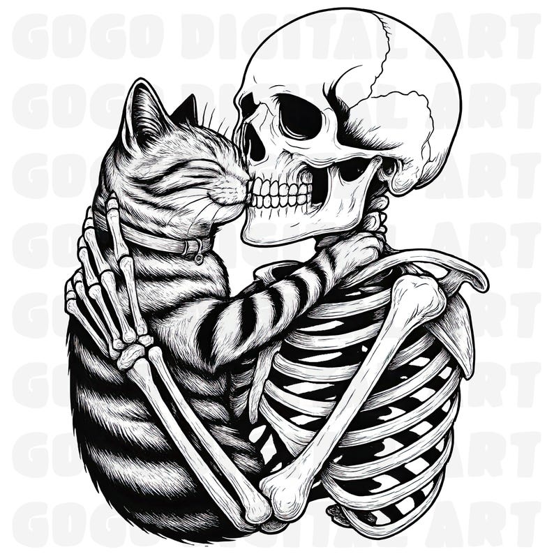 Skeleton Hugging Cat PNG Gothic Halloween Pet Lover Digital Art ...
