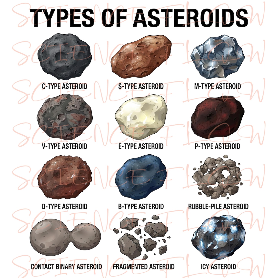 Types of Asteroids Educational PNG Design, Asteroid Classification ...