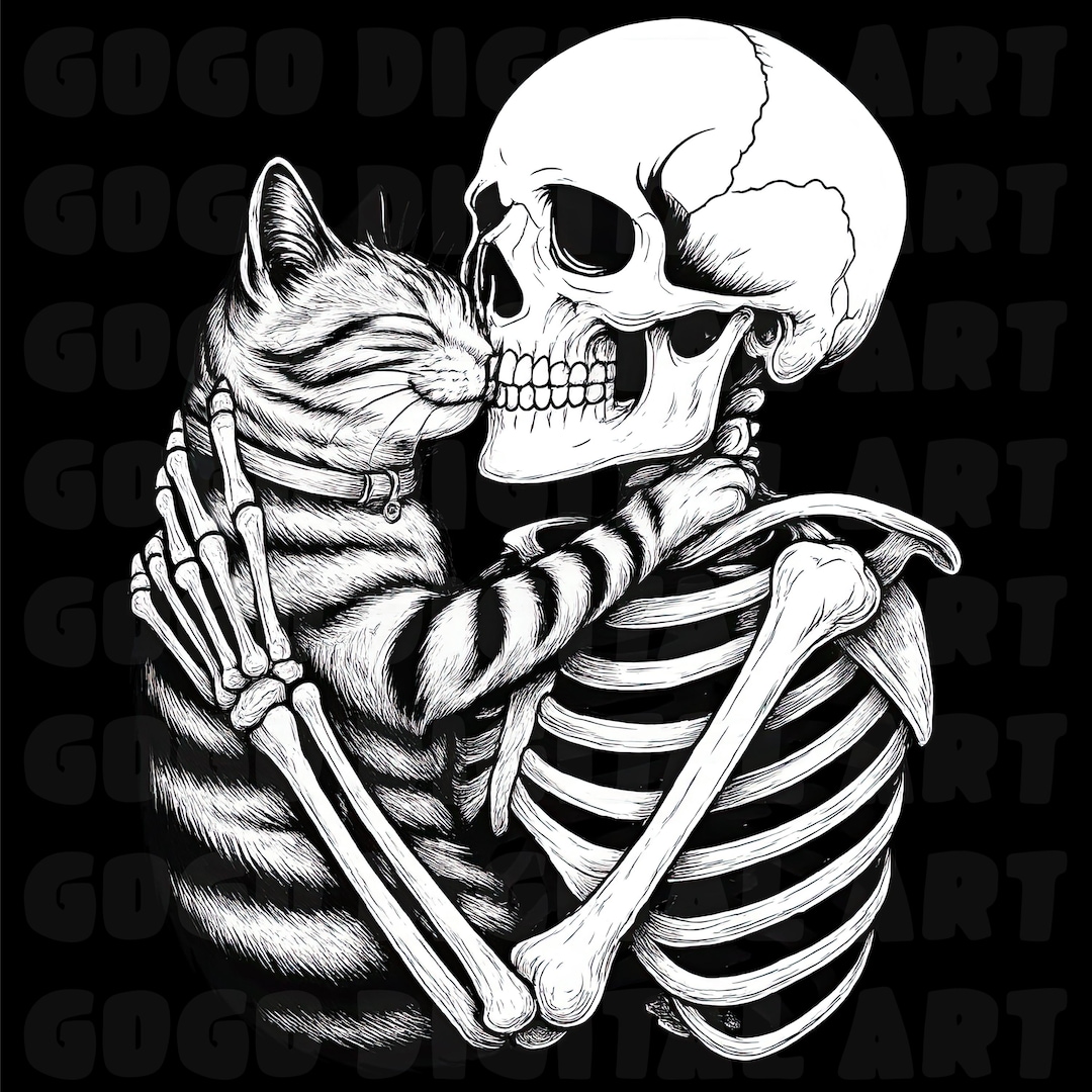 Skeleton Hugging Cat PNG Gothic Halloween Pet Lover Digital Art ...