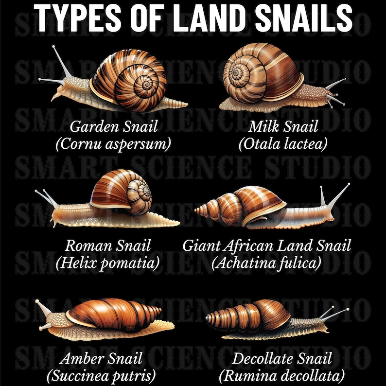 6 Types of Land Snails Educational PNG Design, Snail Species, Wildlife ...