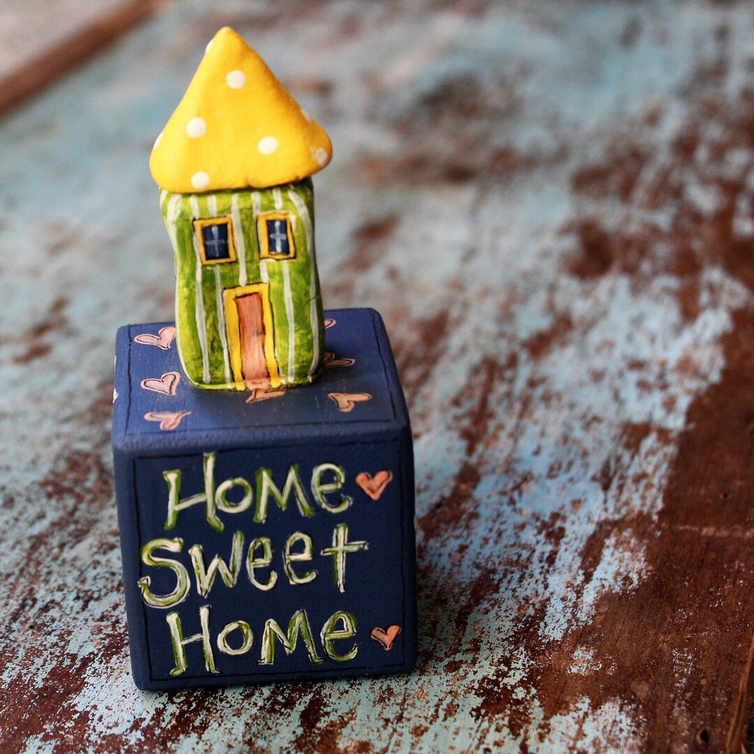 Clay House Hand Painted Block Sculpture Art New Home, Housewarming Gift ...