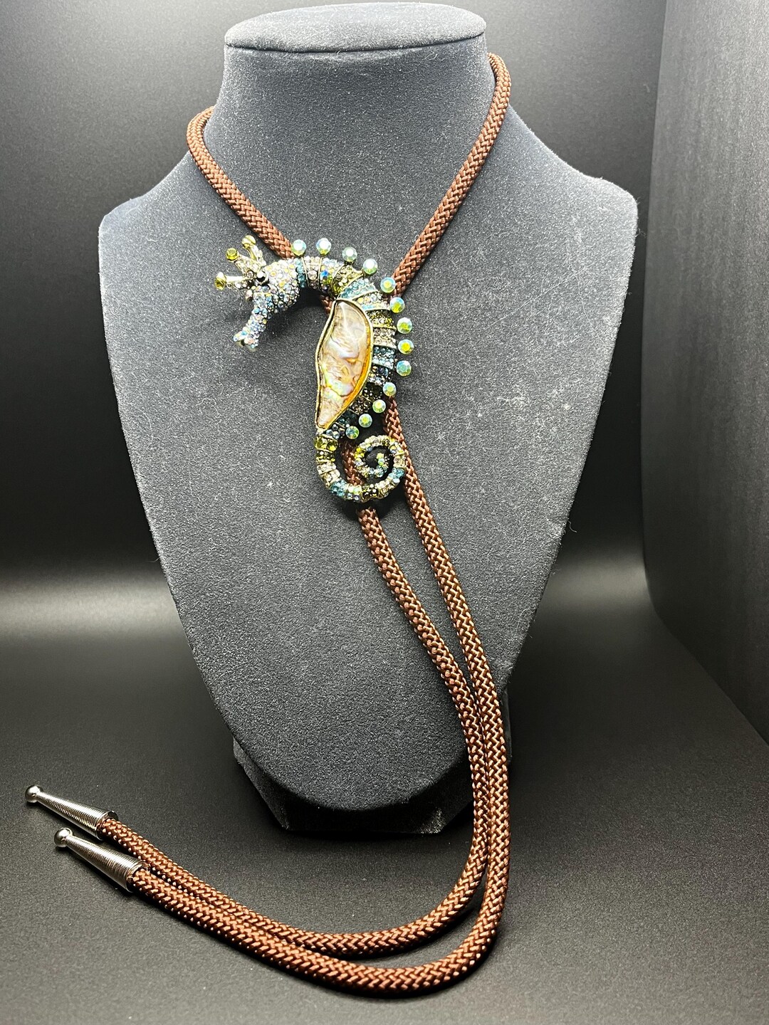 Glamorous Retro Sea Horse Bolo Tie – Shell & Rhinestone Statement Piece ...