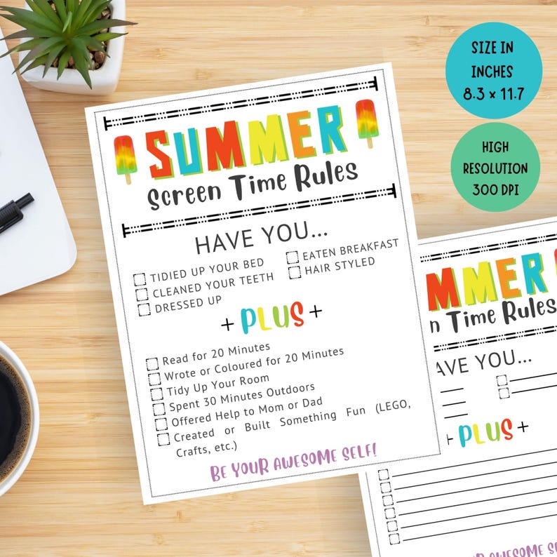 Editable Summer Screen Time Checklist: Printable Chore Chart (digital ...