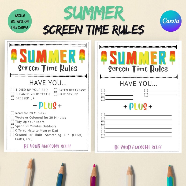 Editable Summer Screen Time Checklist: Printable Chore Chart (digital ...
