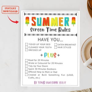 Editable Summer Screen Time Checklist: Printable Chore Chart (digital ...