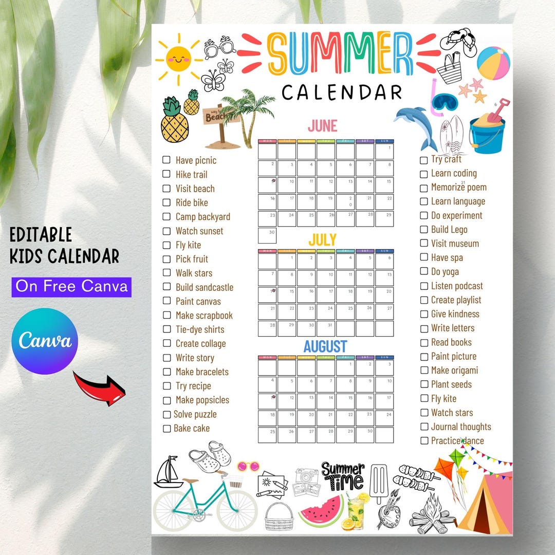 Editable Summer Calendar Poster Printables Summer Fun Bucket List ...