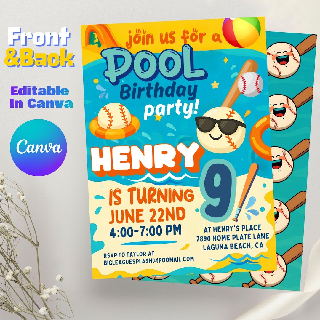 Baseball Pool Party Invitation: Editable Sports Birthday Invite ...