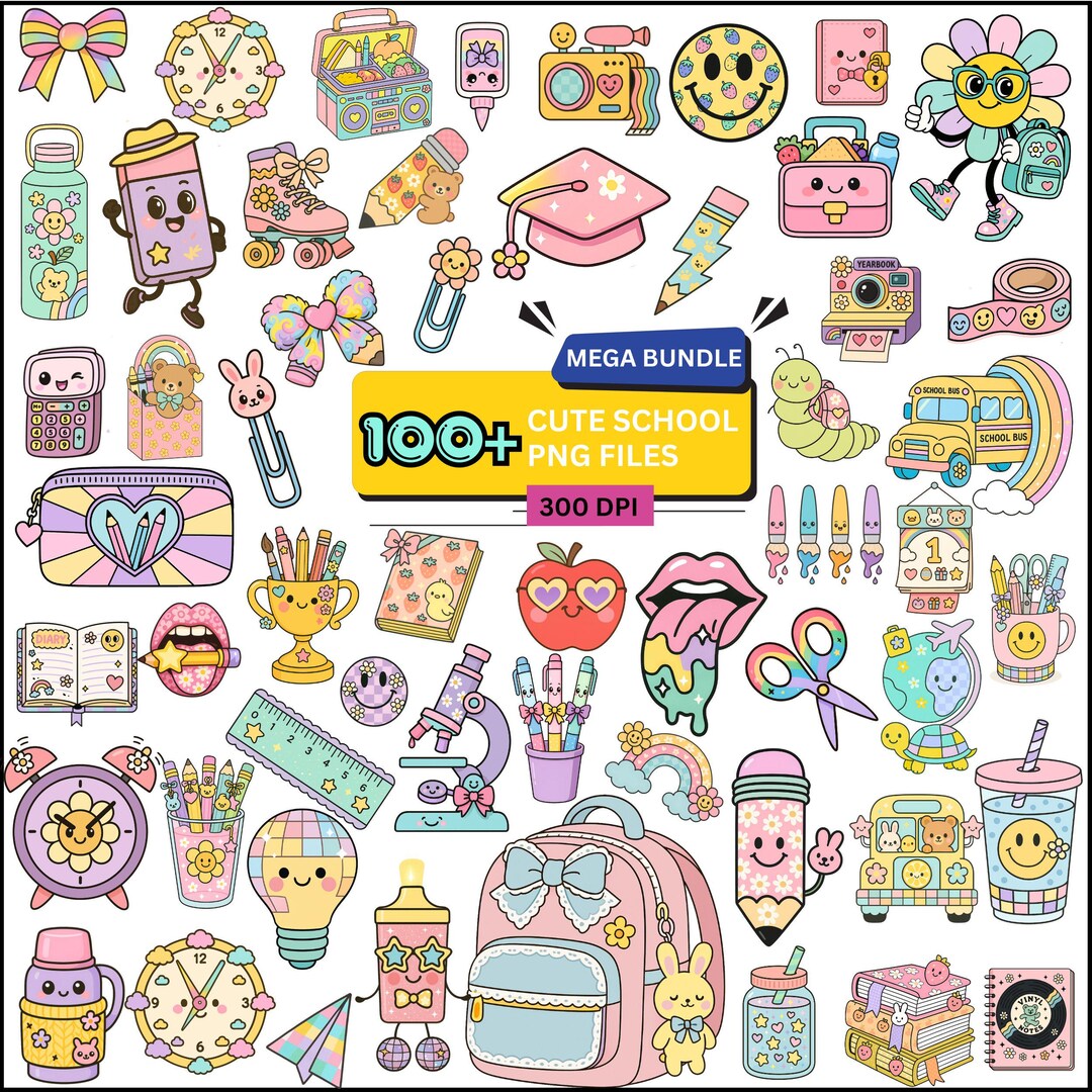 Groovy School Clipart Bundle, Retro Back to School Supplies Clip Art ...