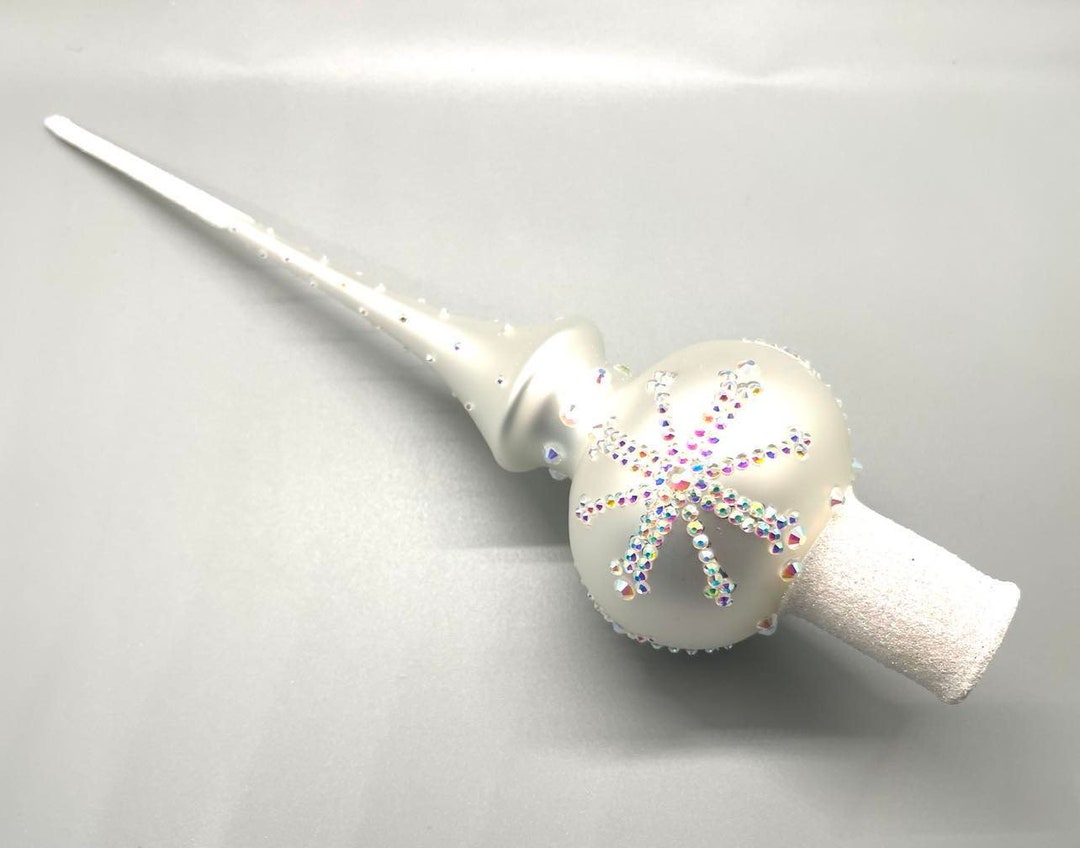 White Matte, Blown Glass, Snowflake, Christmas Finial Tree Topper, Hand ...