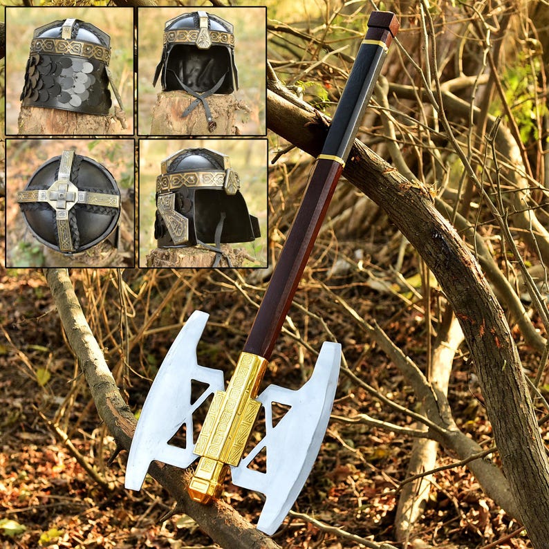 Handcrafted Gimli Battle Axe & Helmet Set: Ash Wood Handle, Dwarven ...