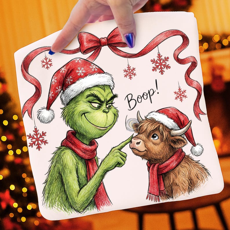 Christmas Boop Grinc PNG, Coquette Hand Drawn Highland Cow Clipart (digital Download) - Etsy