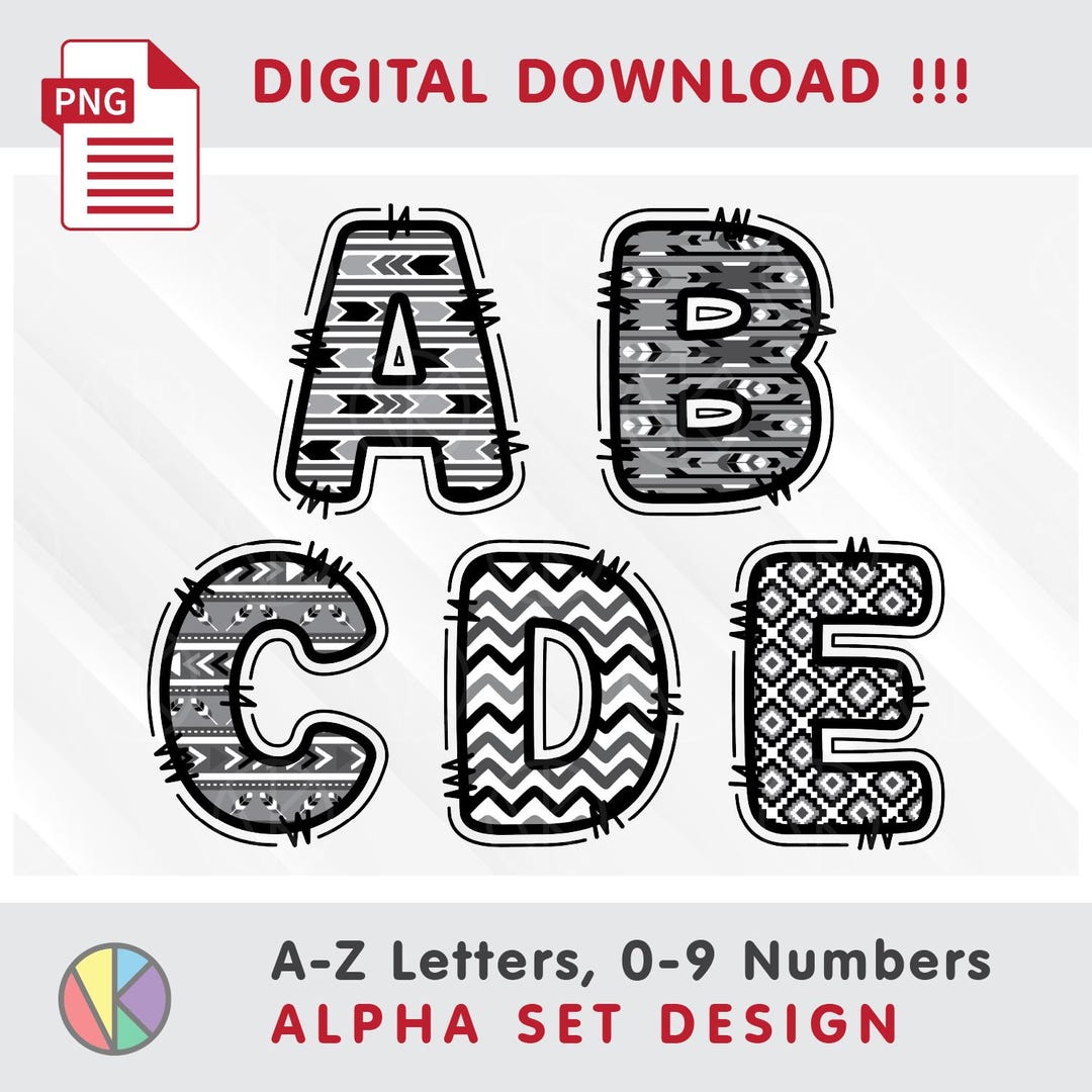 Boho Grey Alpha Set: Doodle Alphabet. Sublimation, DTF, Clipart ...