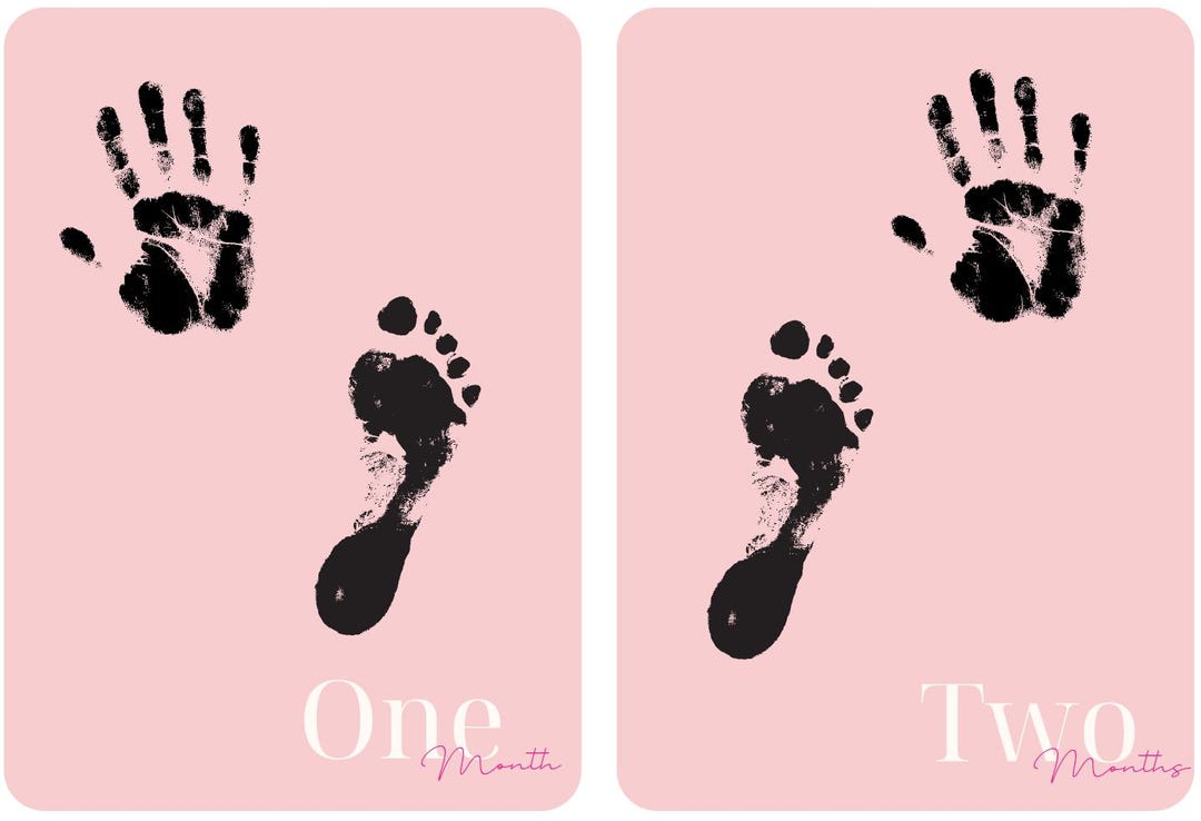 Pink Baby Handprint Footprint Cards: 12 Month Milestone Keepsake ...