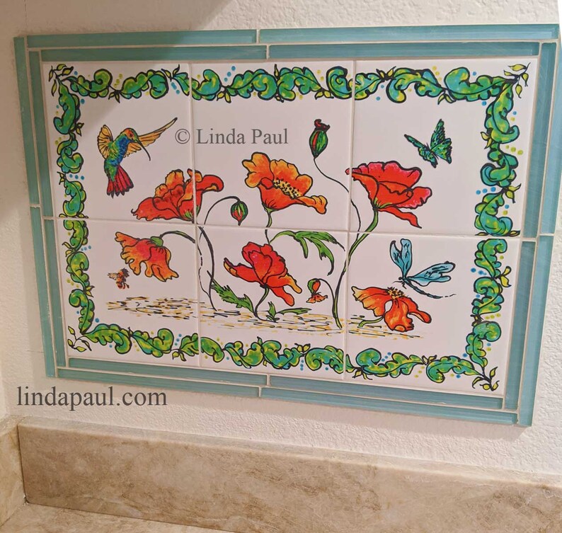 Poppies and Hummingbird Italian Style Backsplash Ceramic - Etsy