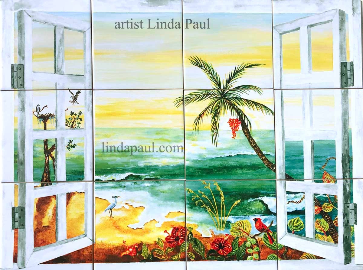 Tropical Tile Mural of Beach View, Ocean, Palm Tree and Birds Large and ...