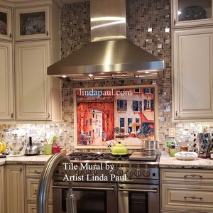 French Kitchen Tile Mural Backsplash of Provence Town, Cafe, Flowers in ...
