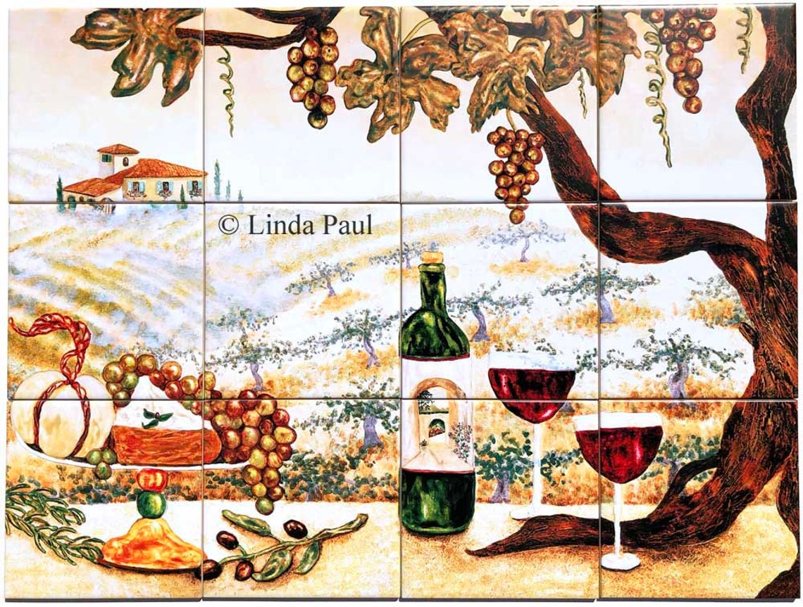 Italian Kitchen Tile Mural Backsplash of Vineyard Wine and Grapes in 3 ...