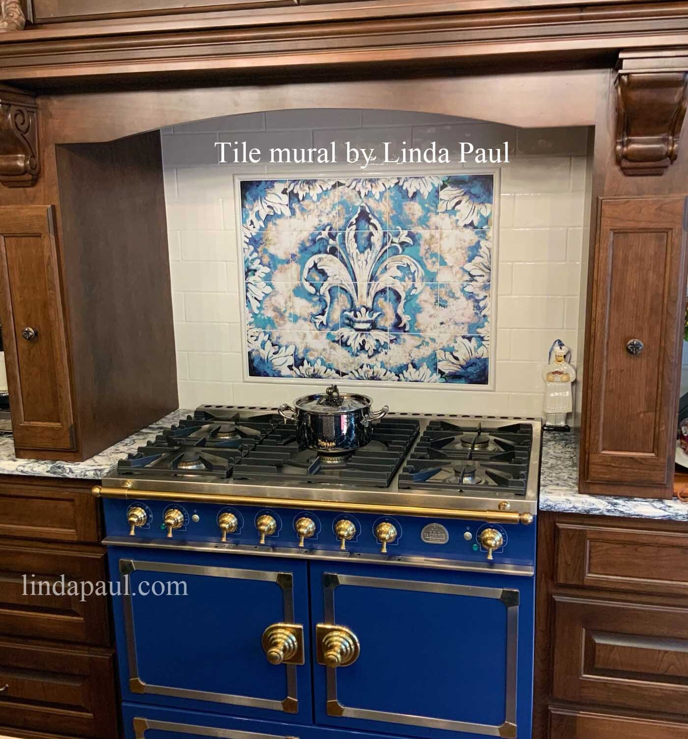 Fleur De Lis Ceramic Tile Backsplash Mural French Country Blue and ...
