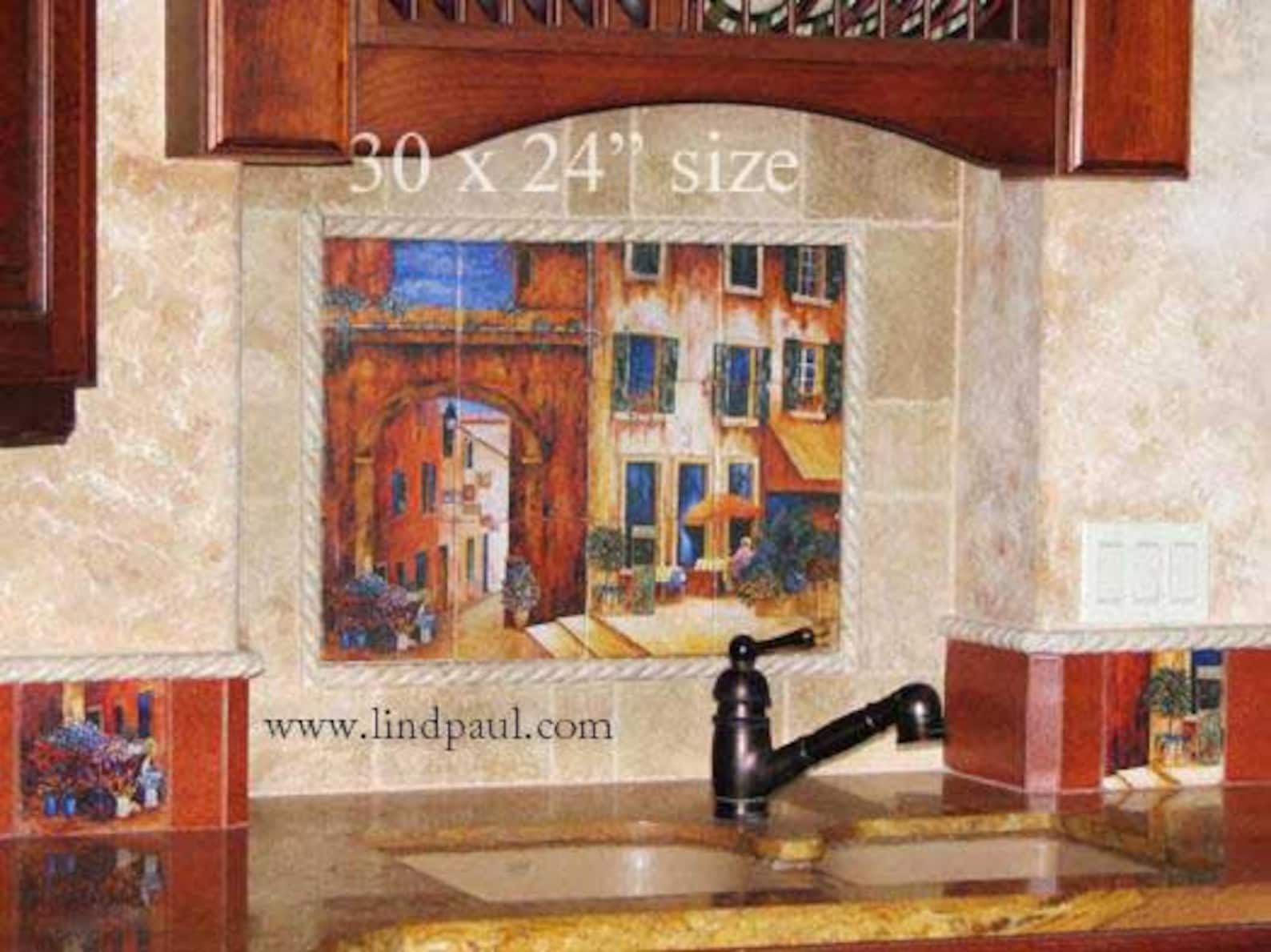 French Kitchen Tile Mural Backsplash of Provence Town, Cafe, Flowers in ...