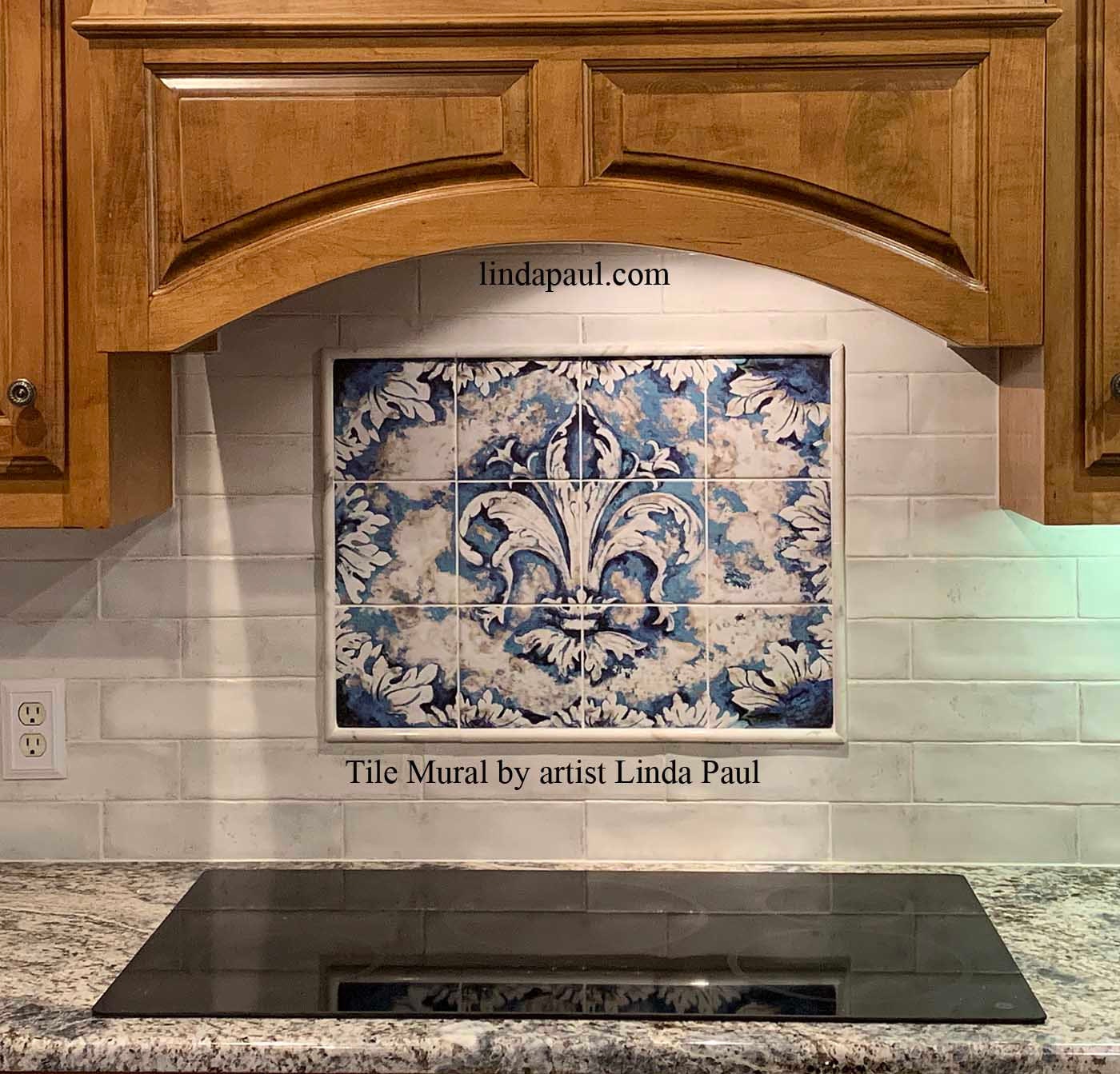 Fleur De Lis Ceramic Tile Backsplash Mural French Country Blue and ...