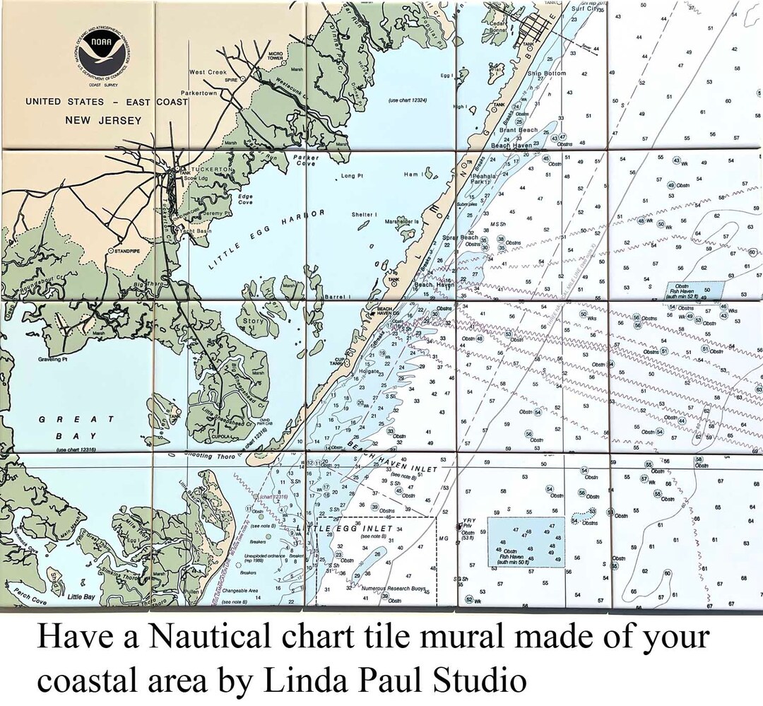 Custom Nautical Map NOAA Tile Mural Kitchen Backsplash of Your Coastal ...